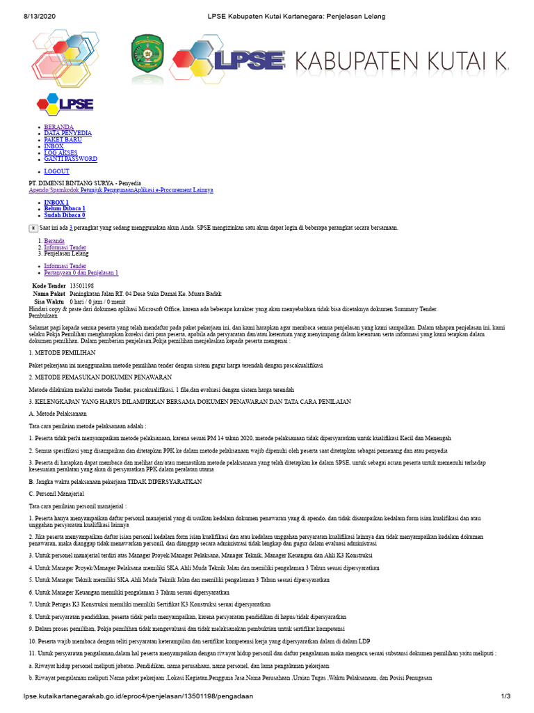 LPSE Kabupaten Kutai Kartanegara_ Penjelasan Lelang | PDF
