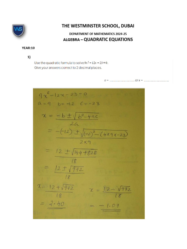 E13.4 Quadratic Equations - MS | PDF