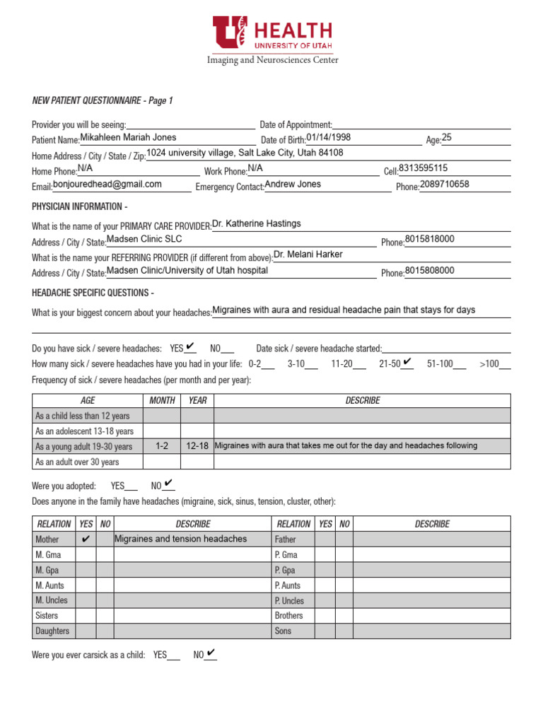 HA New Patient Questionnaire Filloutable 2022 | PDF | Headache | Migraine