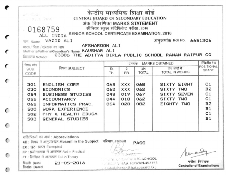 CBSE Class 12 Marksheet 2016 Sample | PDF