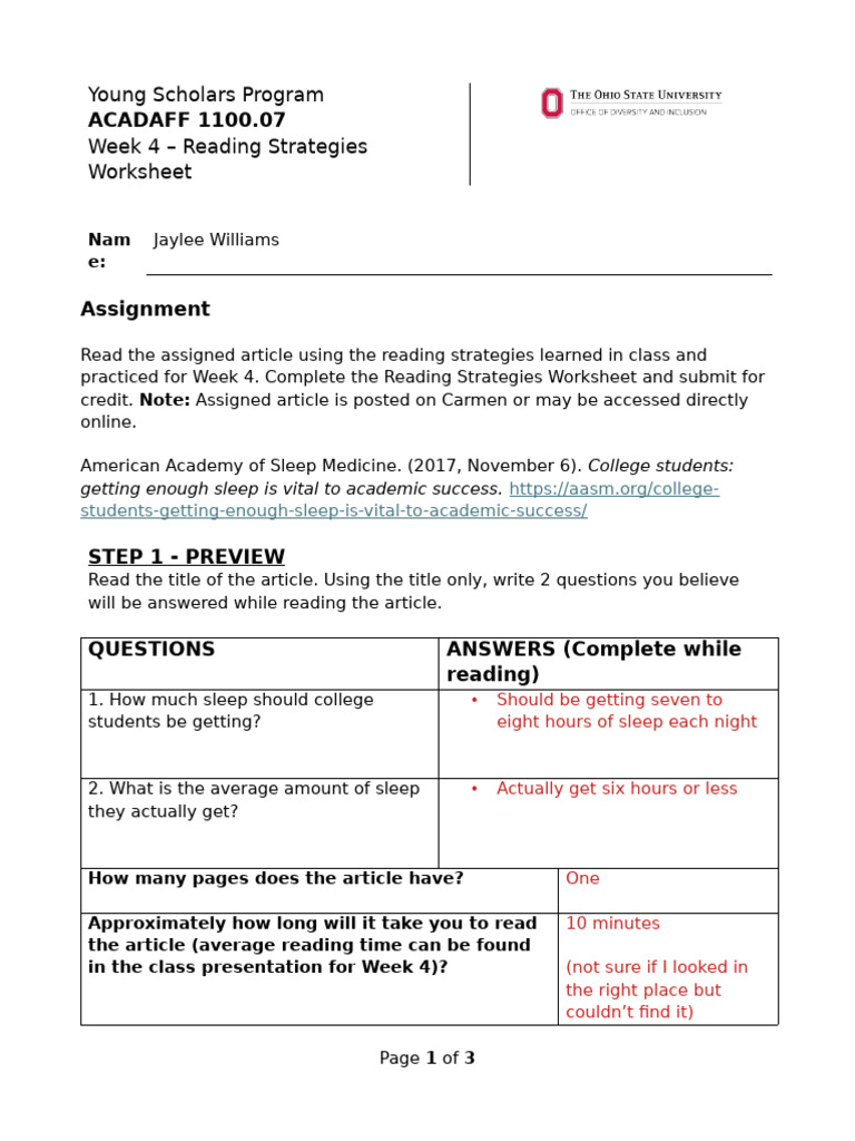 Week 4 Assignment - Reading Strategies Worksheet (Submit for Credit) | PDF | Sleep | Sleep ...
