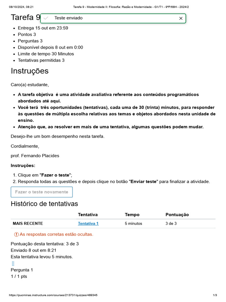 Tarefa 9 - Modernidade II - Filosofia - Razão e Modernidade - G1 - T1 - 9ºP - 68H - 2024 - 2 ...