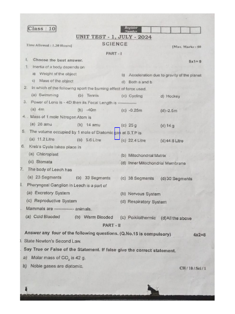 10th Science Unit Test 1 Question Paper 2024 English Medium PDF ...