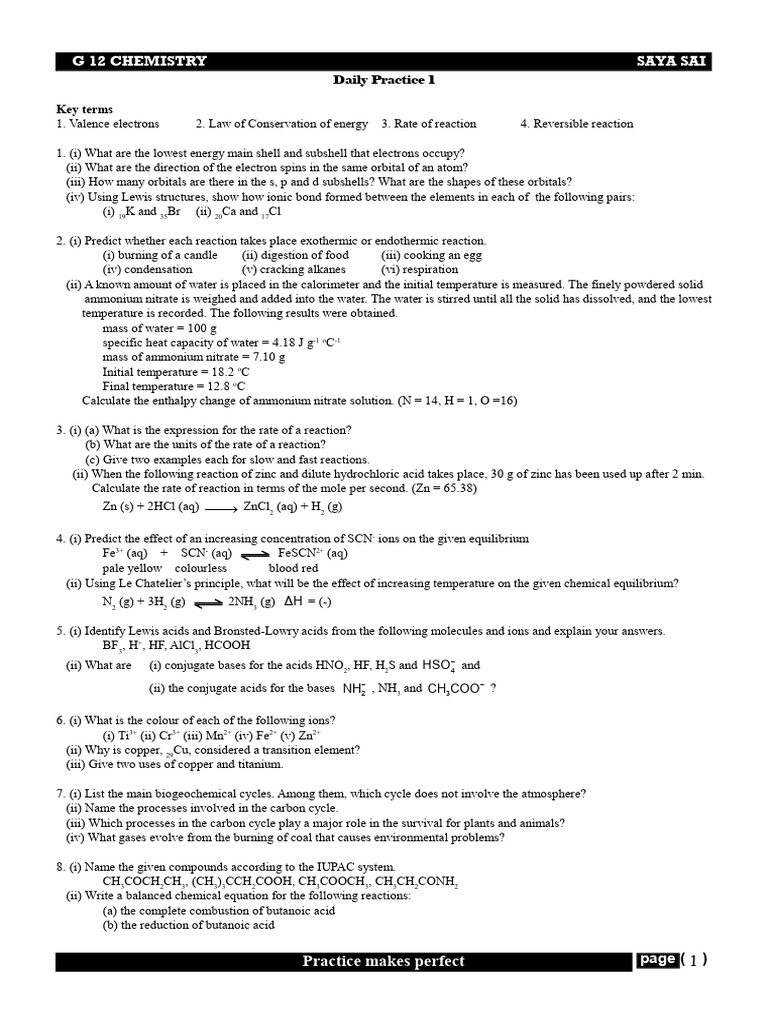 G12 Chemistry Daily Practice30 Pdf Chemical Reactions Acid