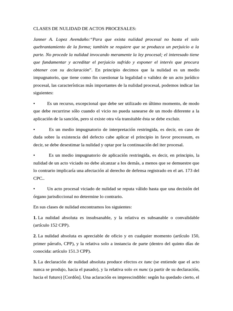 Nulidad Procesal: Clases y Efectos | PDF | Nulo (ley) | Ley procesal