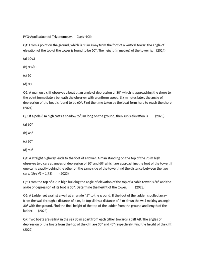 Class-10 (Application of Trigonometry-PYQ) - WPS Office | PDF | Height