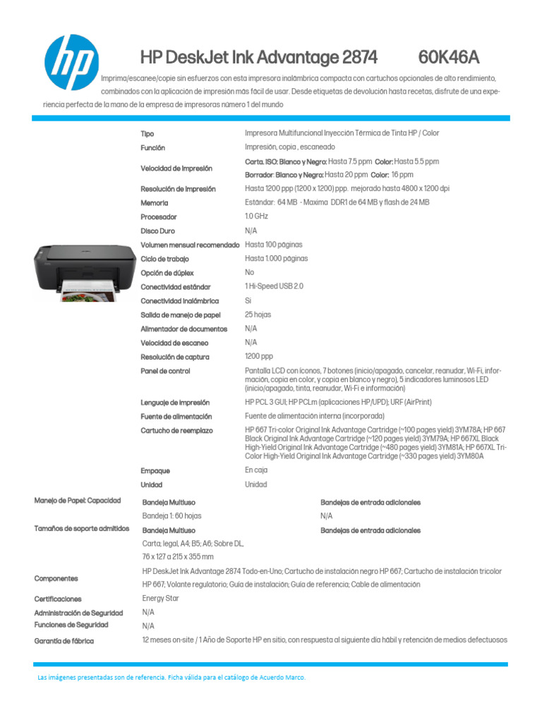 HP Deskjet Ink Advantage 2874 60K46A | PDF | Impresora (Computación ...