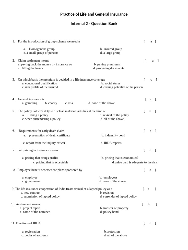 PLGI 2nd Internal Question Bank | PDF | Insurance | Life Insurance