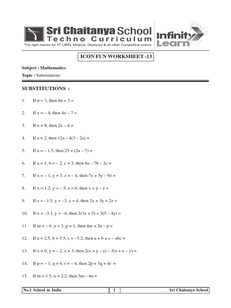 Substitutions Worksheet-13 | PDF
