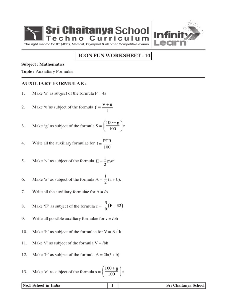 Auxiliary Formulae Worksheet-14 | PDF | Mathematics | Mathematical Notation