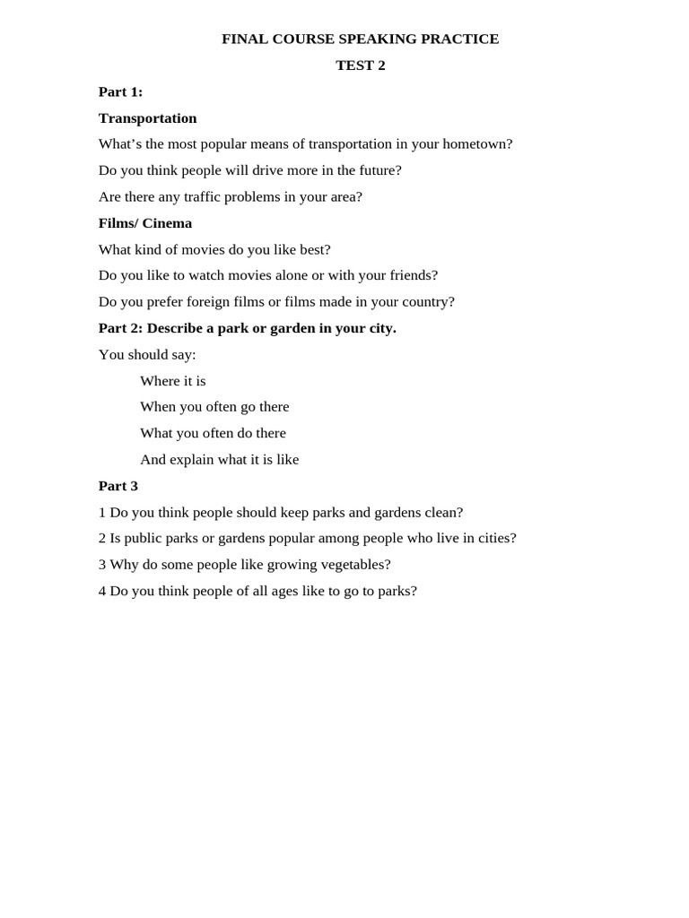Final Course Speaking Practice Test 2 Transportation Films Cinema