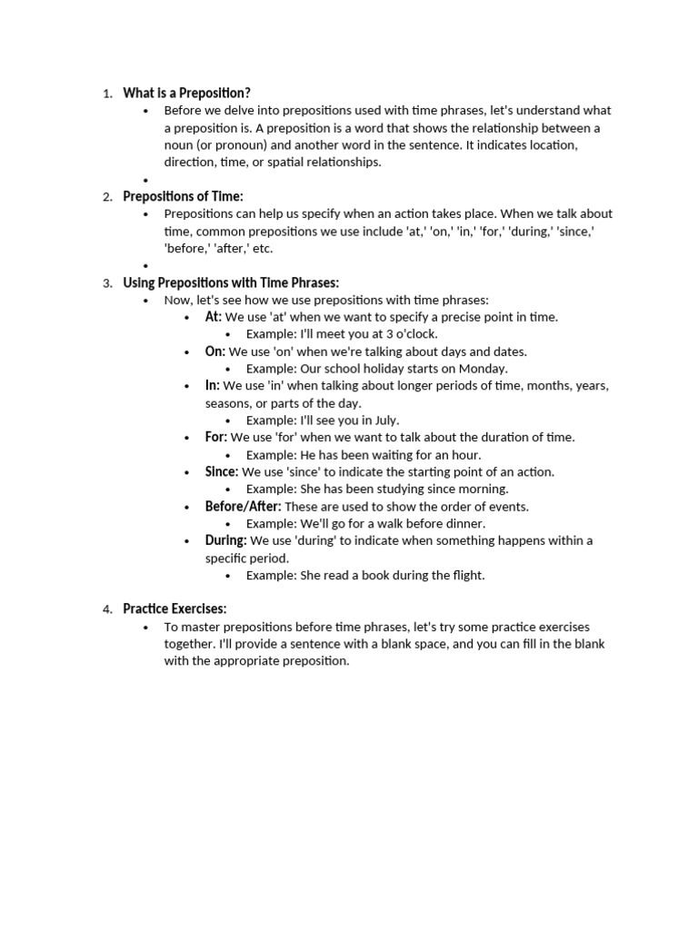 Understanding Time Prepositions | PDF | Preposition And Postposition ...