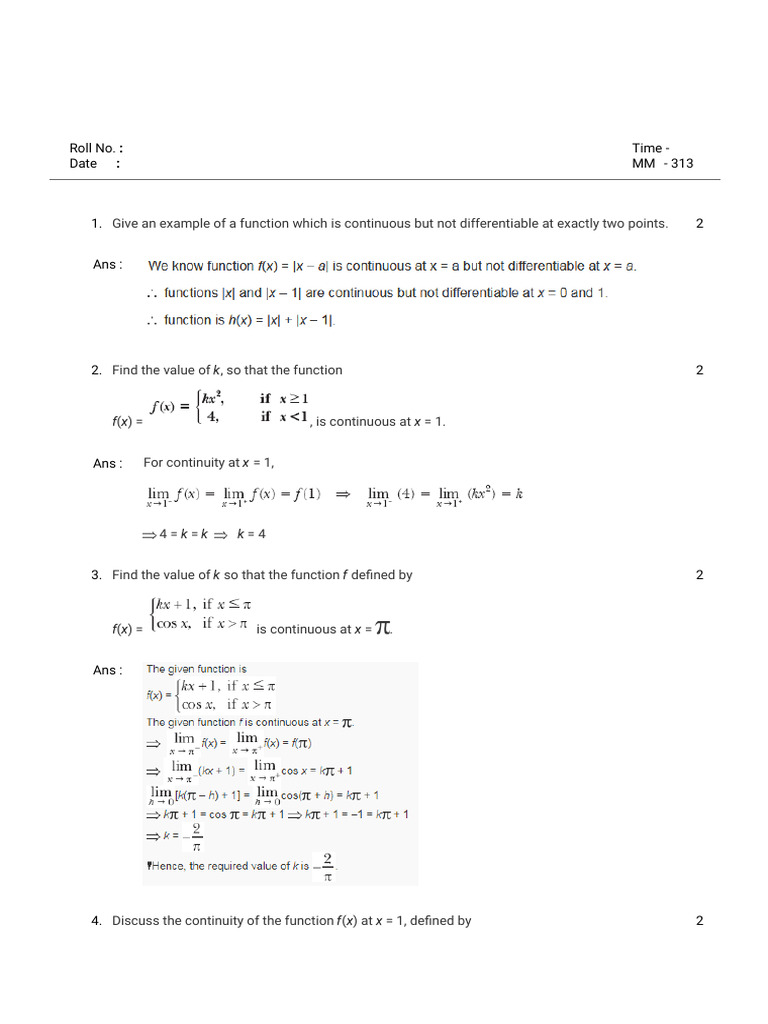 Maths DPP 12th Chapter Differentiability and Continuity | PDF | Curve | Function (Mathematics)