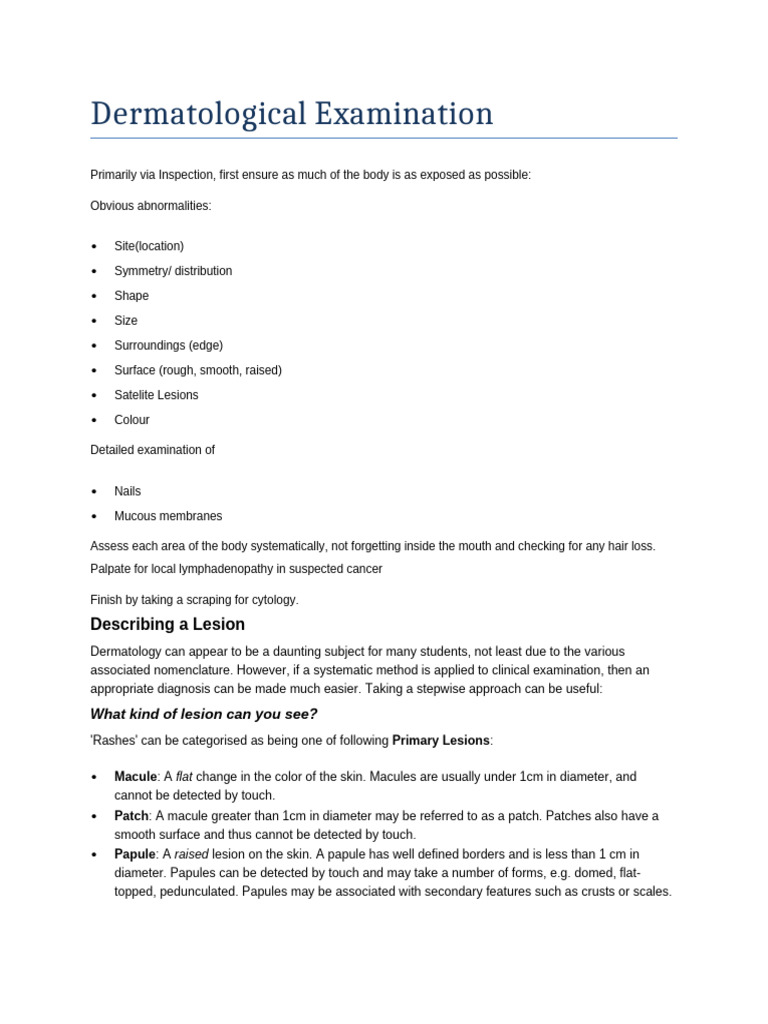 Dermatological Examination OSCE Note | PDF | Psoriasis | Skin