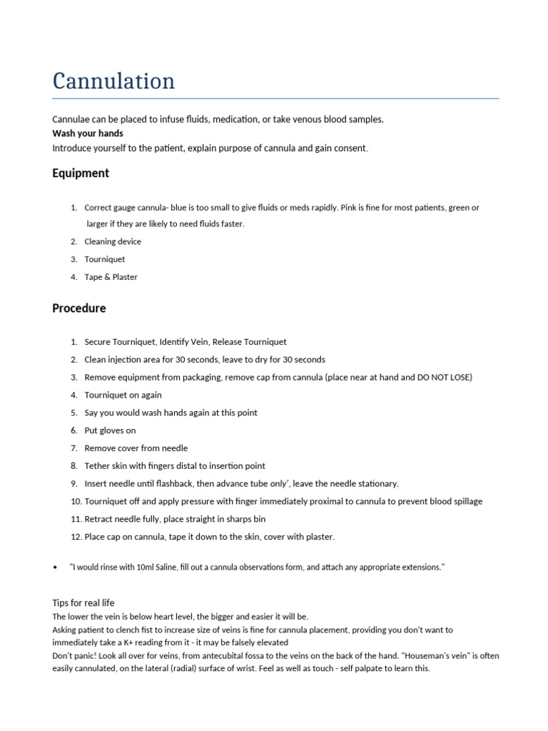 Cannulation OSCE Note | PDF