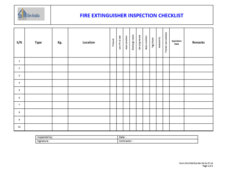 Fire Extinguisher Checklist, Form-SIM-HS-E013, Rev00.31.07.19 | PDF