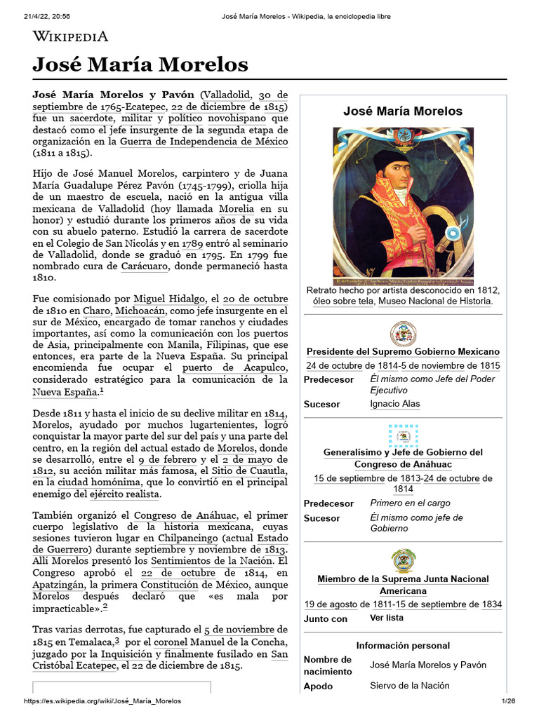 José María Morelos - Wikipedia, La Enciclopedia Libre | PDF | México