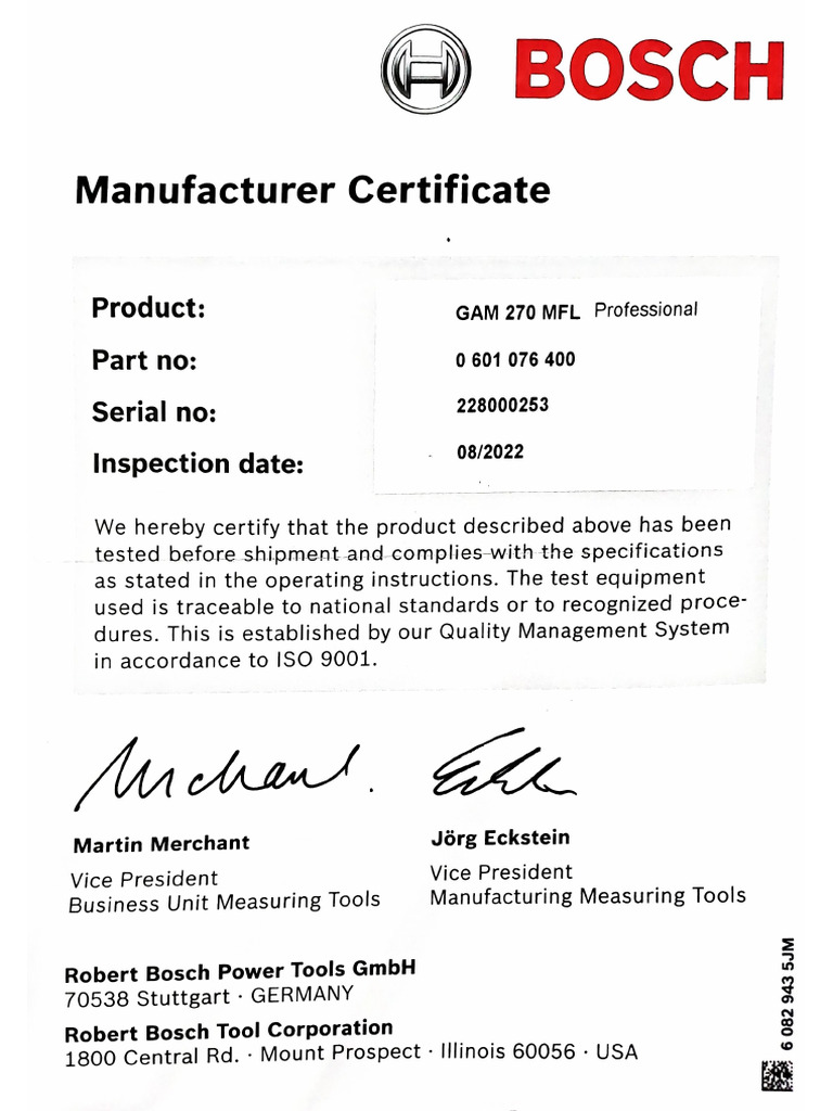 Certificado Del Fabricante GAM 270 MFL | PDF