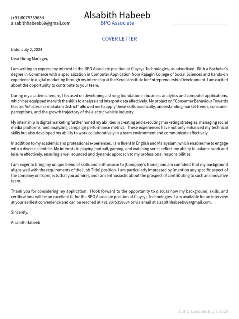 BPO Associate Cover Letter 2024 | PDF | Digital Marketing | Marketing