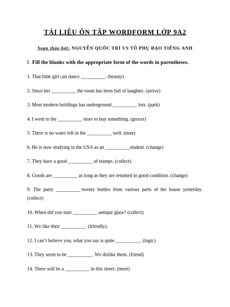 TÀI LIỆU ÔN TẬP WORDFORM LỚP 9A2 | PDF