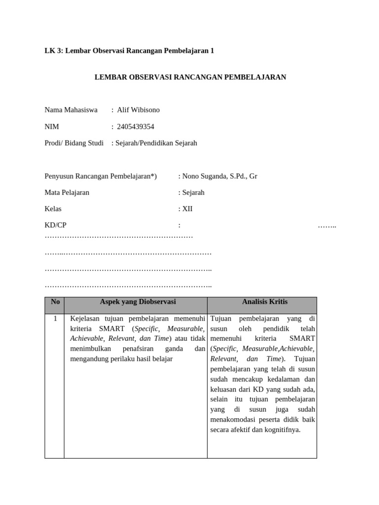 TOPIK 3.3 LK 3 Lembar Observasi Rancangan Pembelajaran 1 | PDF