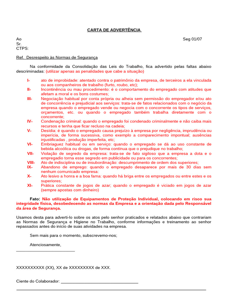 Carta de Advertência (Modelo) | PDF