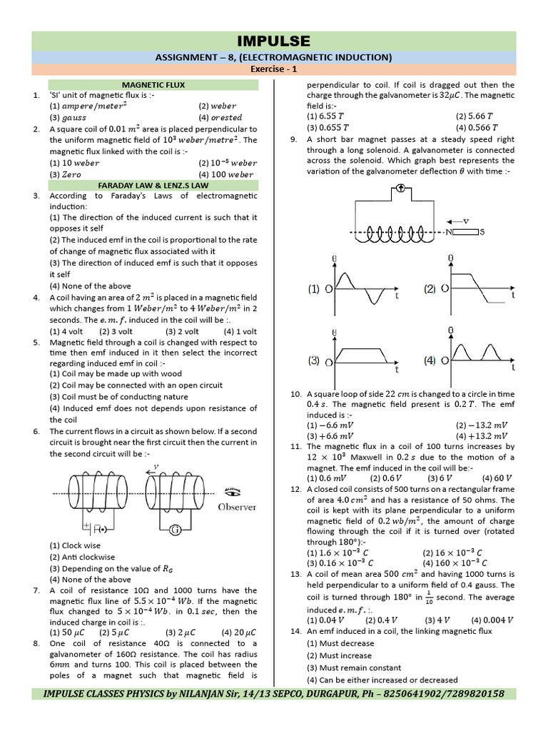 Assignment - 8, (Electromagnetic Induction) | PDF | Inductance | Electromagnetic Induction