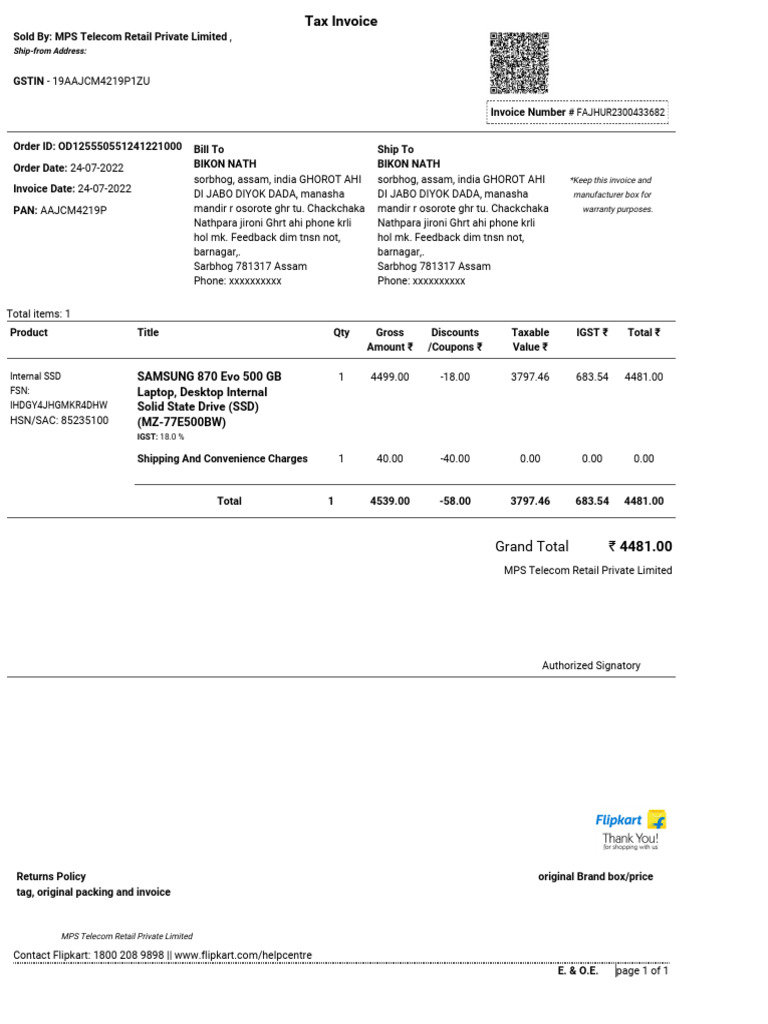 Samsung SSD Invoice Flipkart | PDF | Solid State Drive