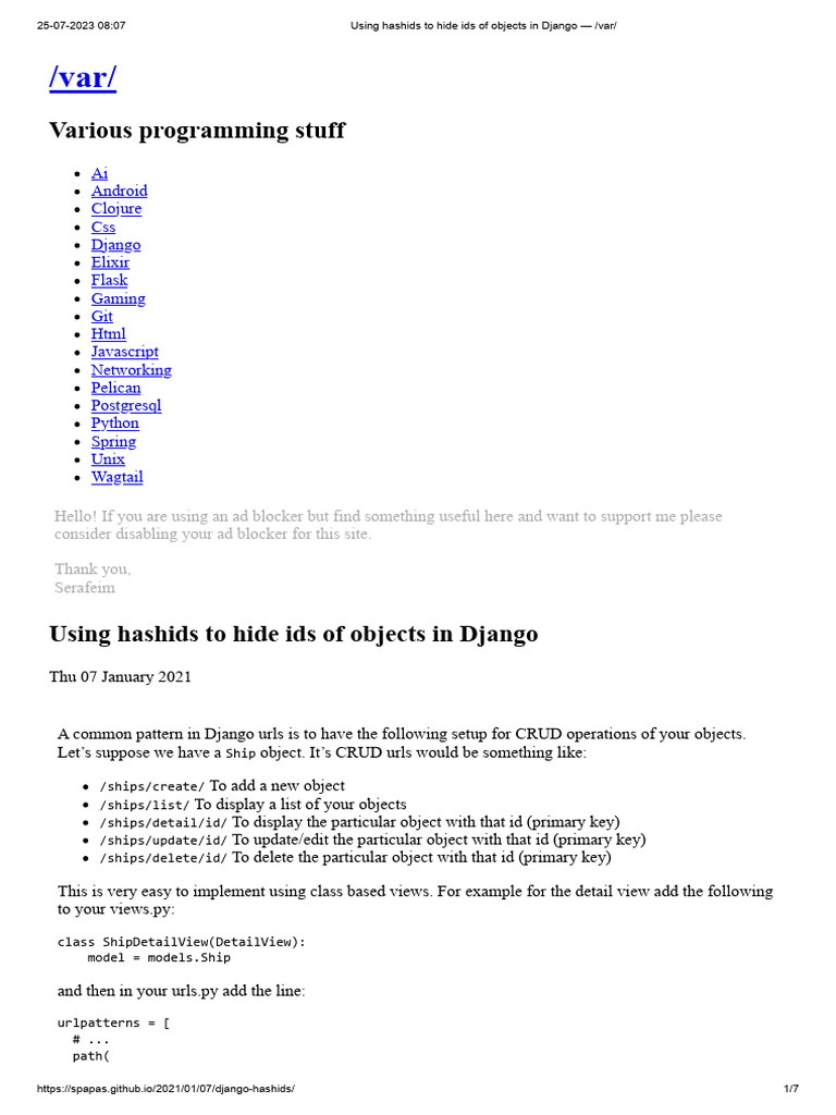 Using Hashids To Hide Ids Of Objects In Django Var Pdf String Computer Science