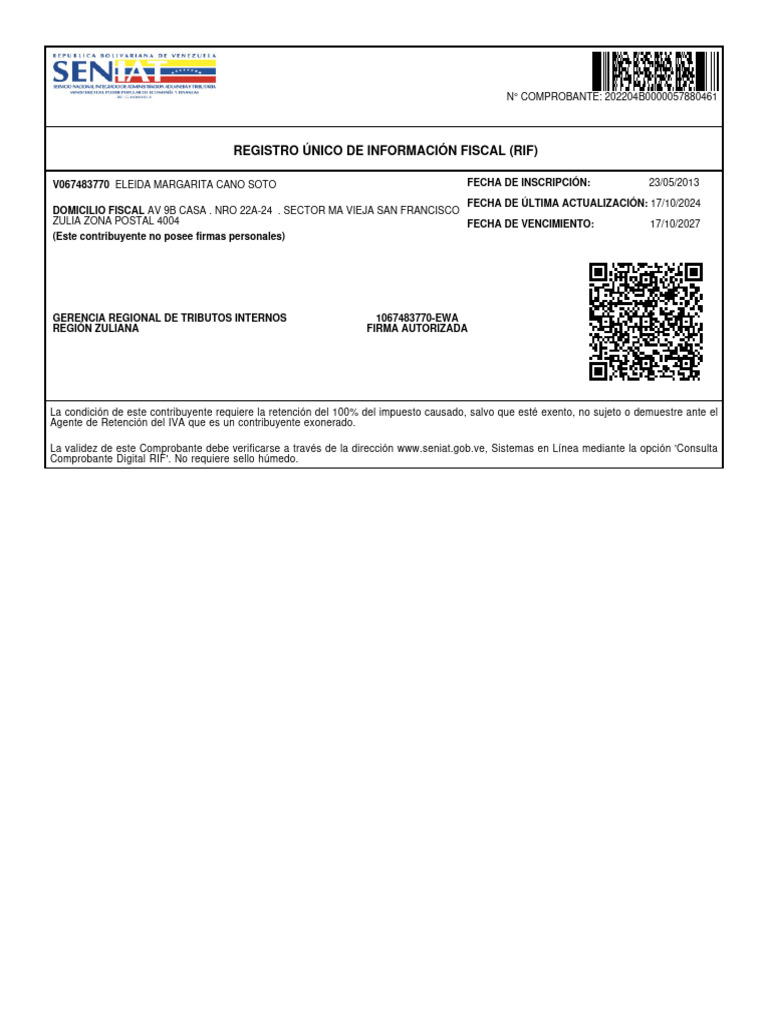 Comprobante RIF de Eleida Cano Soto | PDF