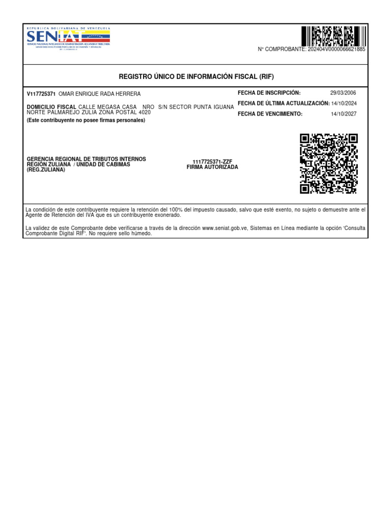 Comprobante RIF Omar Rada Herrera | PDF