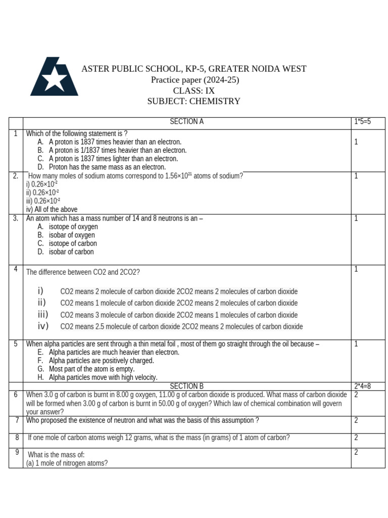 Class 9th Chem Worksheet 02-10-24 | PDF | Atoms | Isotope