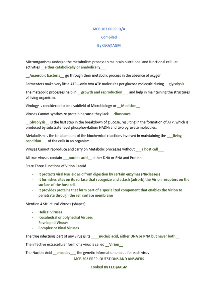 MCB 202 Prep Q&a by Ceo@agm | PDF | Virus | Metabolism