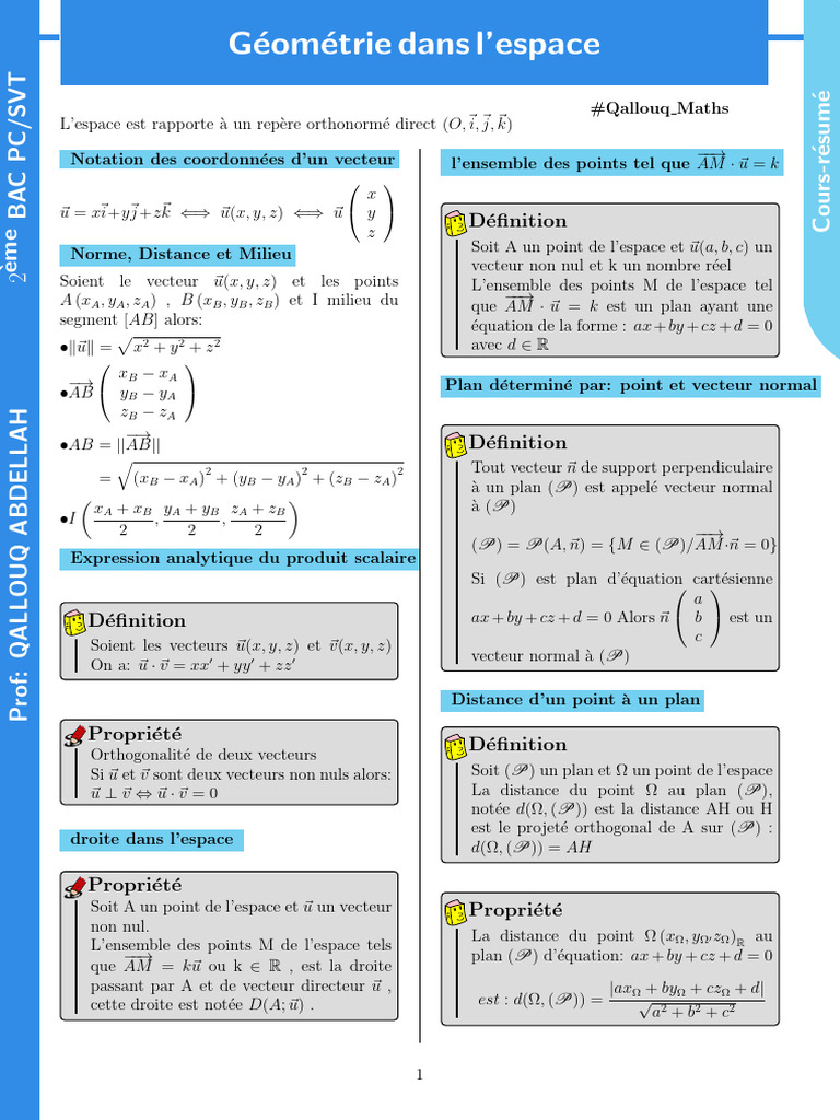 Cours Résumé Géométrie Dans L'espace | PDF | Coordonnées cartésiennes ...