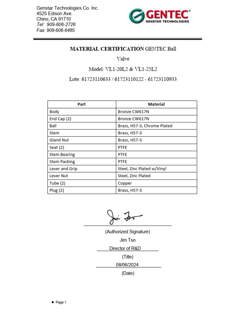 Gentec Ball Valve Material Certification | PDF