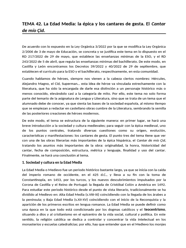 TEMA 42 - la épica medieval | PDF | Edades medias | Poesía épica