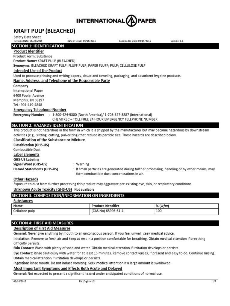 Smurfit Pulp Bleached Msds 2015 | PDF | Firefighting | Personal Protective Equipment