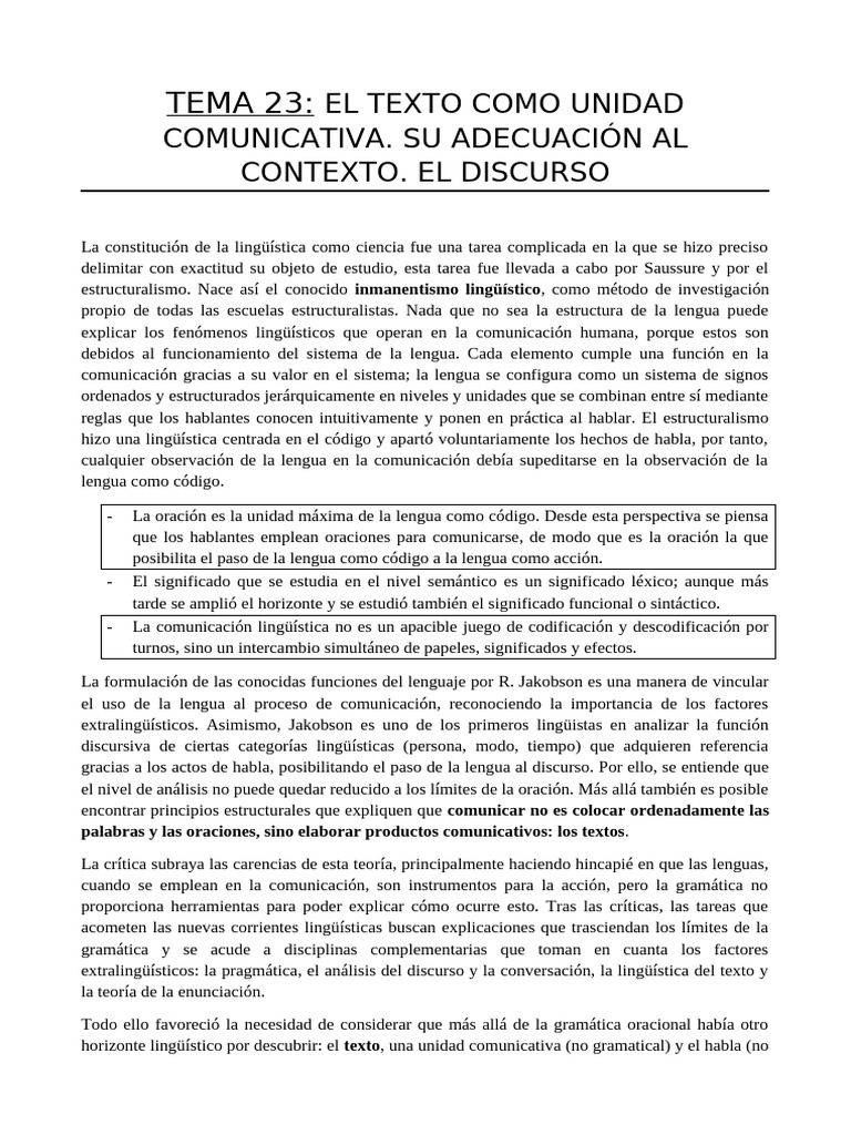 TEMA 23 - Comentario e Texto: Adecuación | PDF | Lingüística | Comunicación