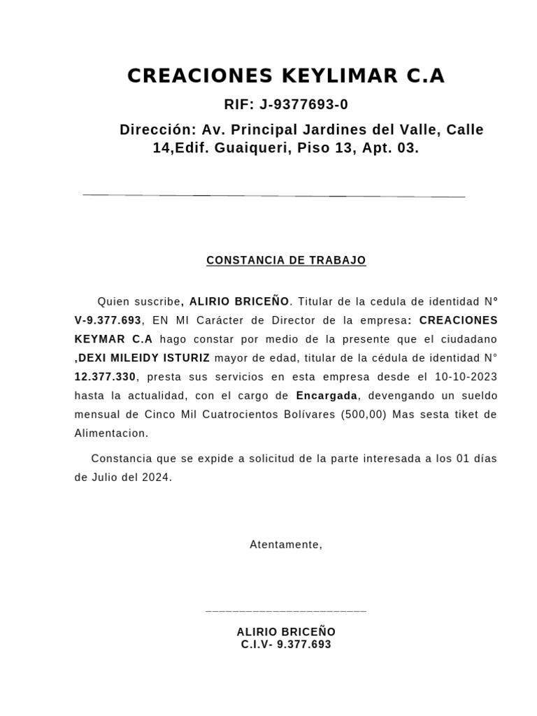 Constancia de Trabajo Distribuidora Oriana | PDF | Venezuela