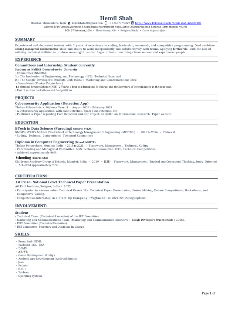 UpdatedResume Hemil-Shah | PDF | Computing