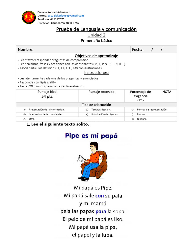 Prueba de Lenguaje Primer Año Básico | PDF | Cognición | Aprendizaje