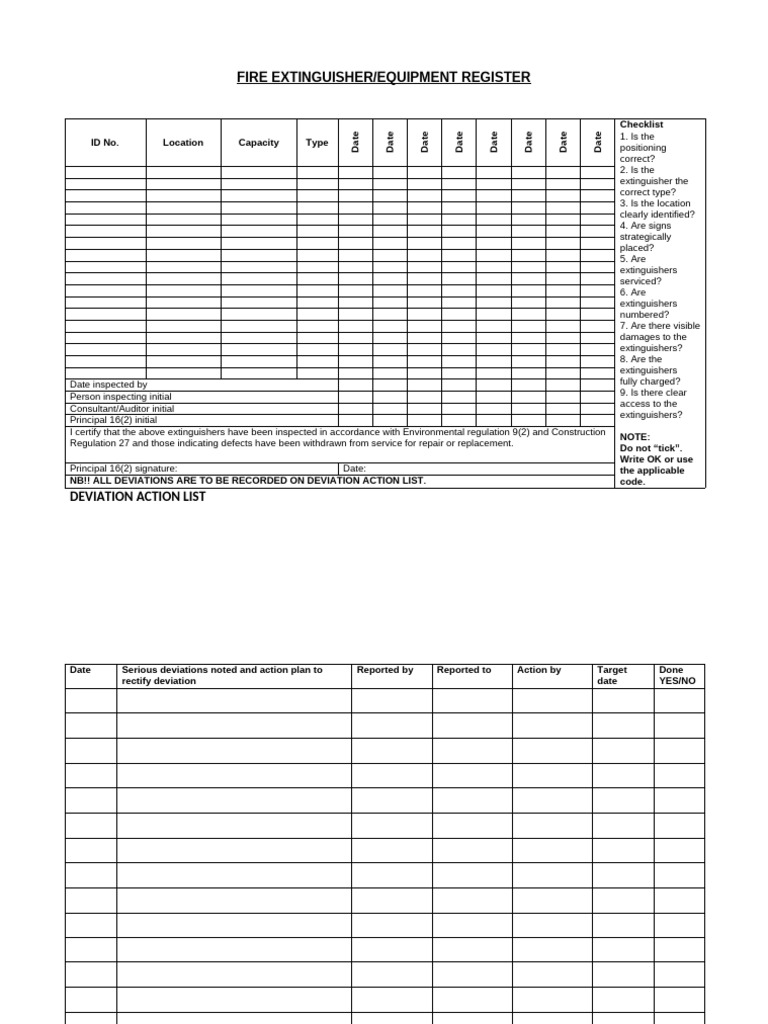 FIRE EXTINGUISHER Equipment Register | PDF