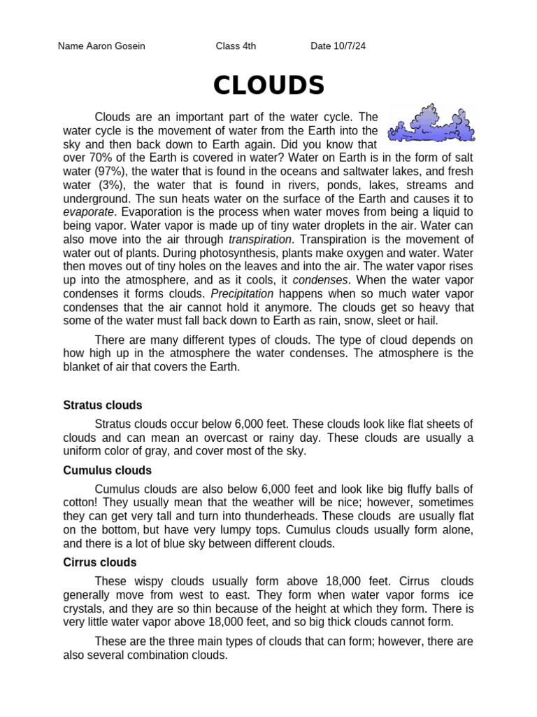[? Cloud Reading WS] Clouds Reading WS | PDF | Cloud | Water Cycle