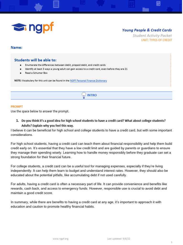 Young People & Credit Cards Student Activity Packet1 | PDF | Credit ...