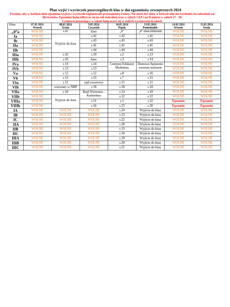 Plan Wyjść Klas W Dni Egzaminów 2024 | PDF