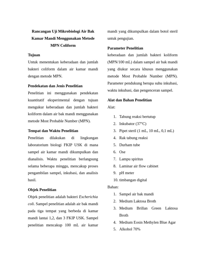 Rancangan Uji Mikrobiologi Air Bak Kamar Mandi Menggunakan Metode MPN Coliform | PDF