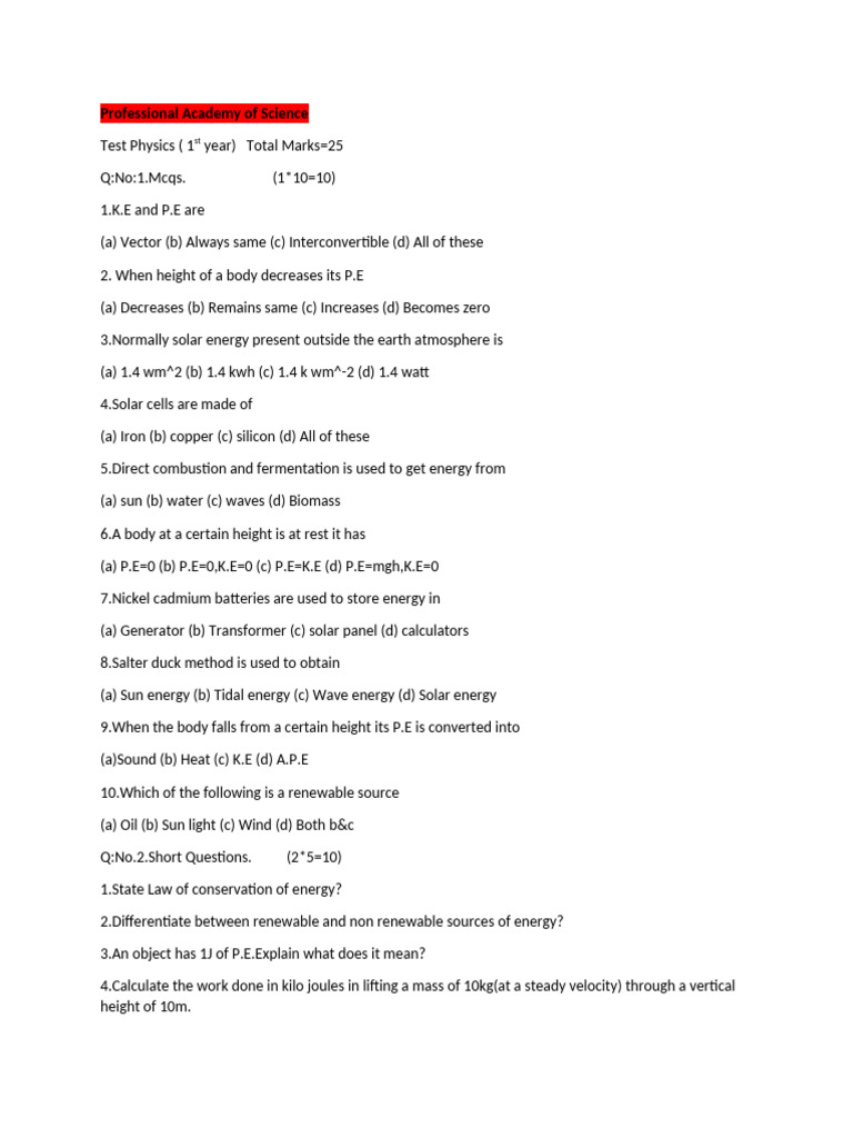 1st Year Physics Test: Energy Concepts | PDF