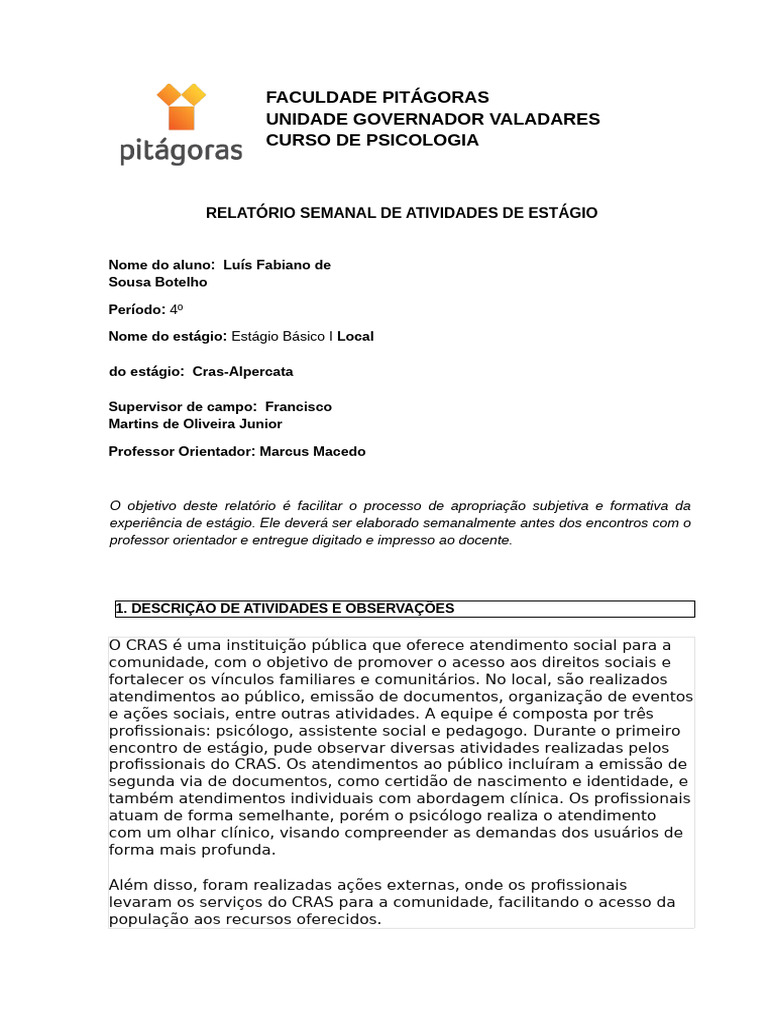 Folha de Relatório Semanal 1 | PDF | Psicologia | Sociologia