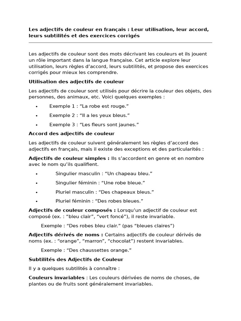 Exercices sur les adjectifs de couleur | PDF | Adjectif | Genre grammatical