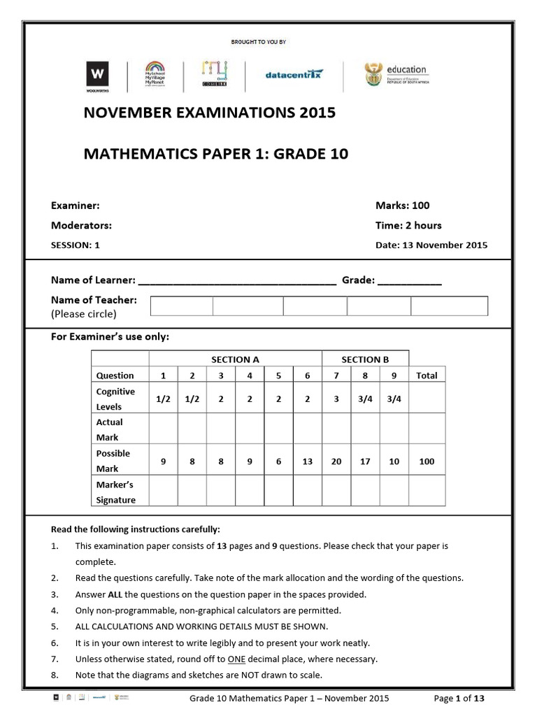 2015 IEB G10 Maths Nov Paper 1-QP | PDF | Mathematical Analysis | Mathematics